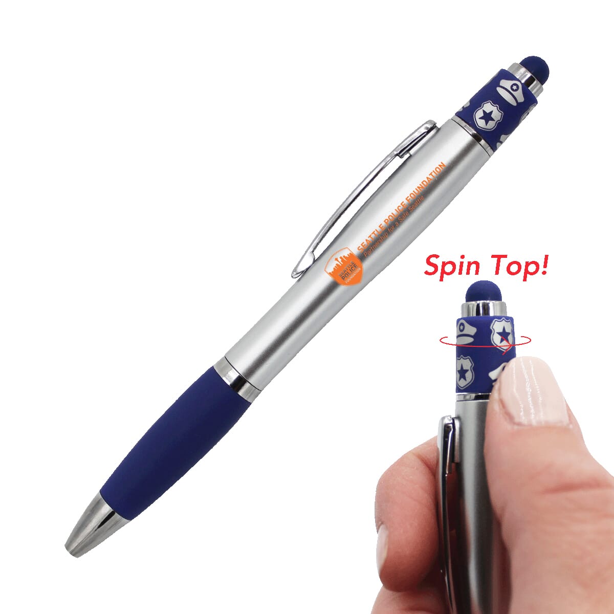 Police Spin Top Pen with Stylus - Promotional Giveaway | Crestline
